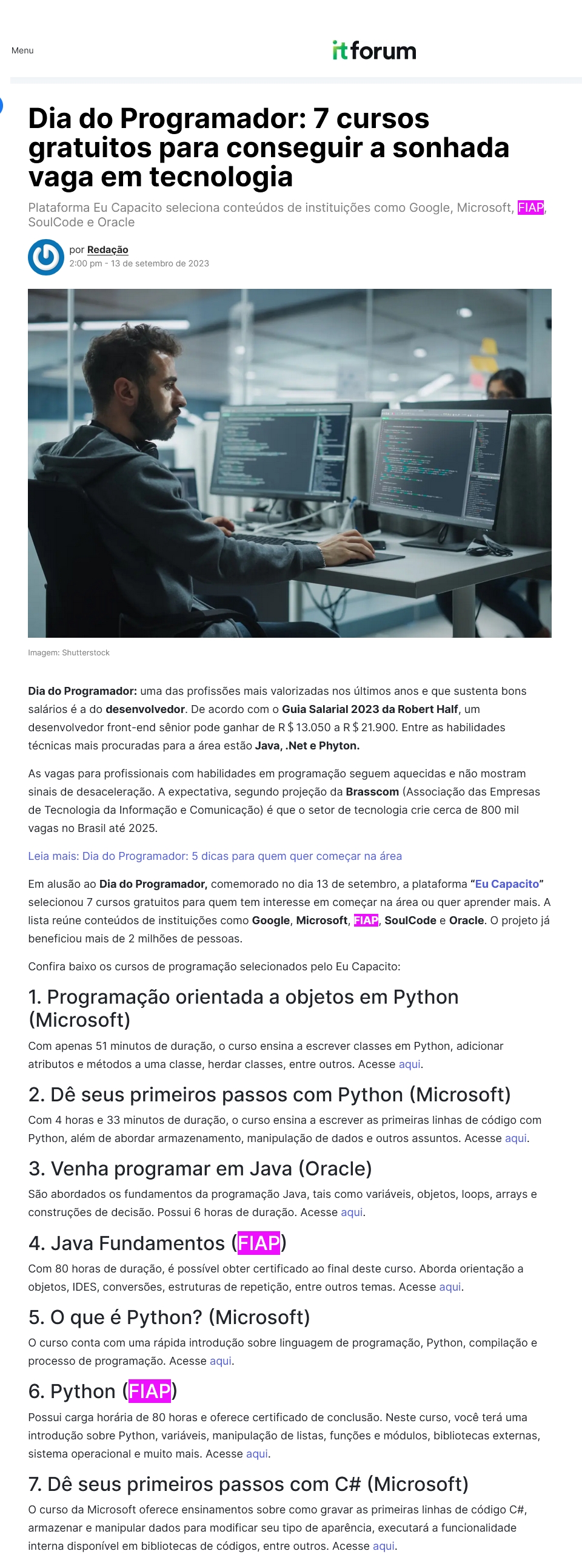 It Forum – NOTÍCIAS (DIA DO PROGRAMADOR: 7 CURSOS GRATUITOS PARA ...