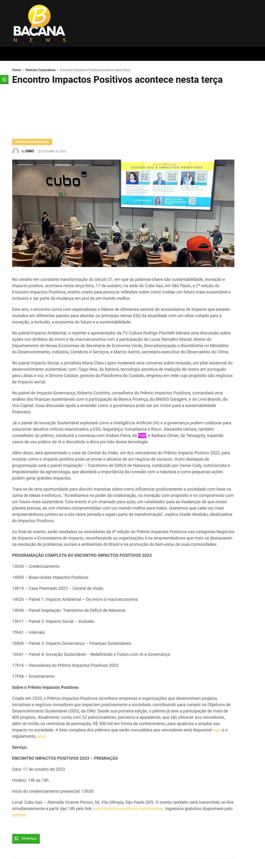 Bacana News – NOTÍCIAS (ENCONTRO IMPACTOS POSITIVOS ACONTECE NESTA ...