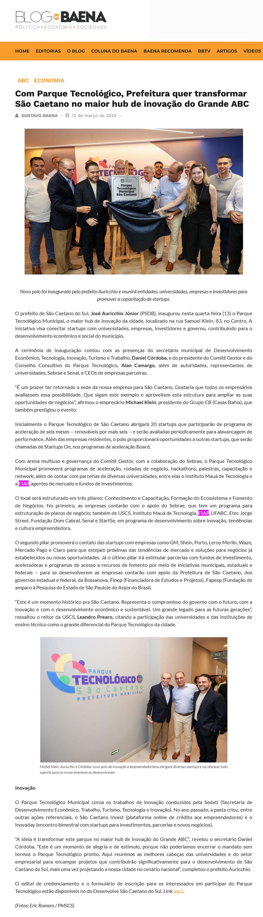 O Grande ABC – NOTÍCIAS (AURICCHIO INAUGURA O PARQUE TECNOLÓGICO DE SÃO CAETANO – FIAP) - FIAP
