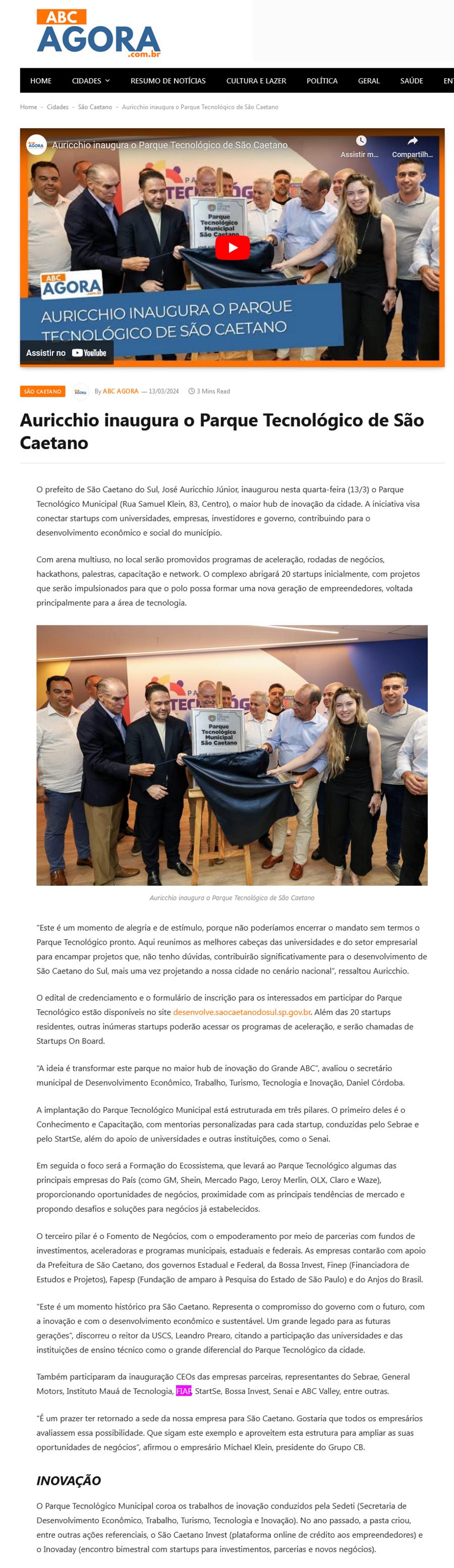 ABC Agora – NOTÍCIAS (AURICCHIO INAUGURA O PARQUE TECNOLÓGICO DE SÃO CAETANO – FIAP) - FIAP