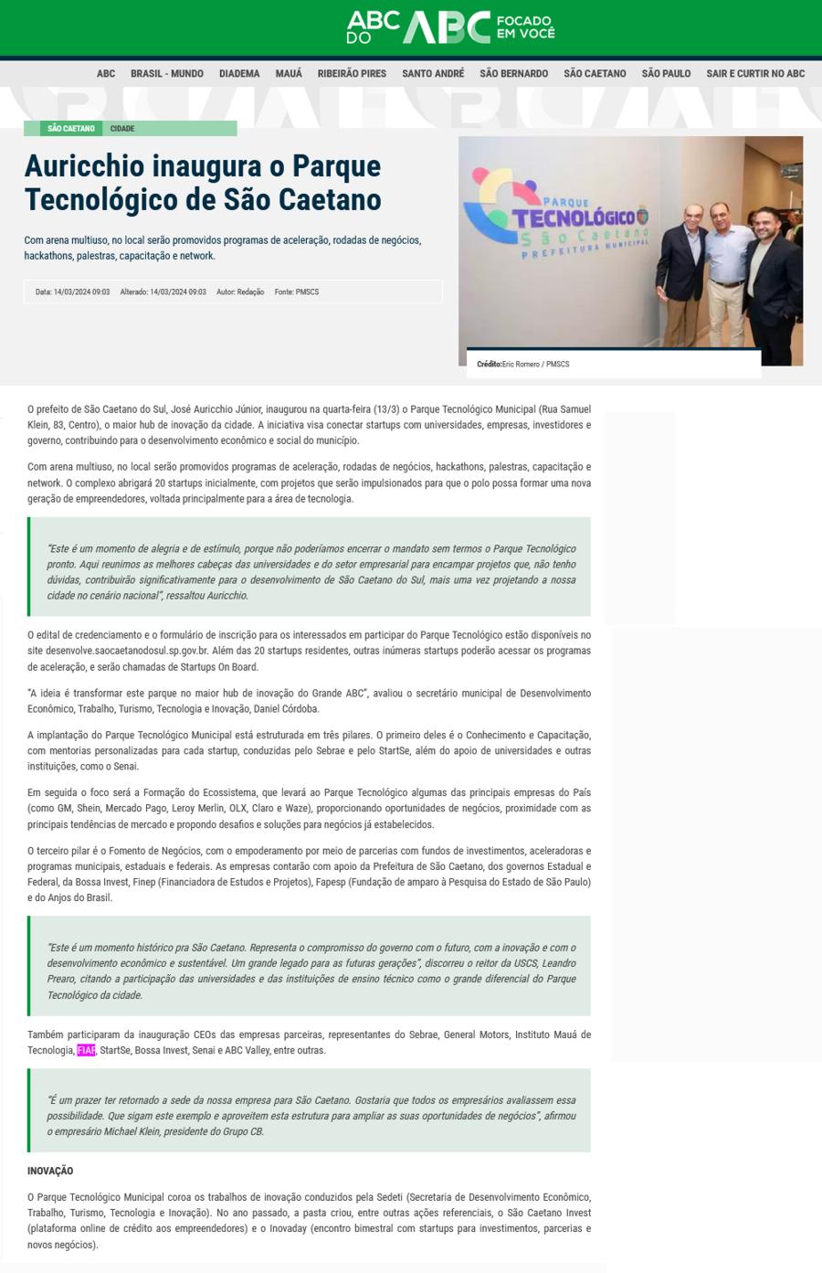 ABC do ABC – NOTÍCIAS (AURICCHIO INAUGURA O PARQUE TECNOLÓGICO DE SÃO ...