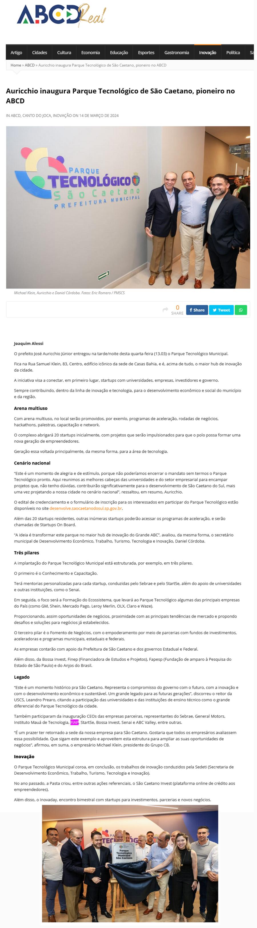ABCD Real – NOTÍCIAS ( AURICCHIO INAUGURA PARQUE TECNOLÓGICO DE SÃO CAETANO, PIONEIRO NO ABCD ...