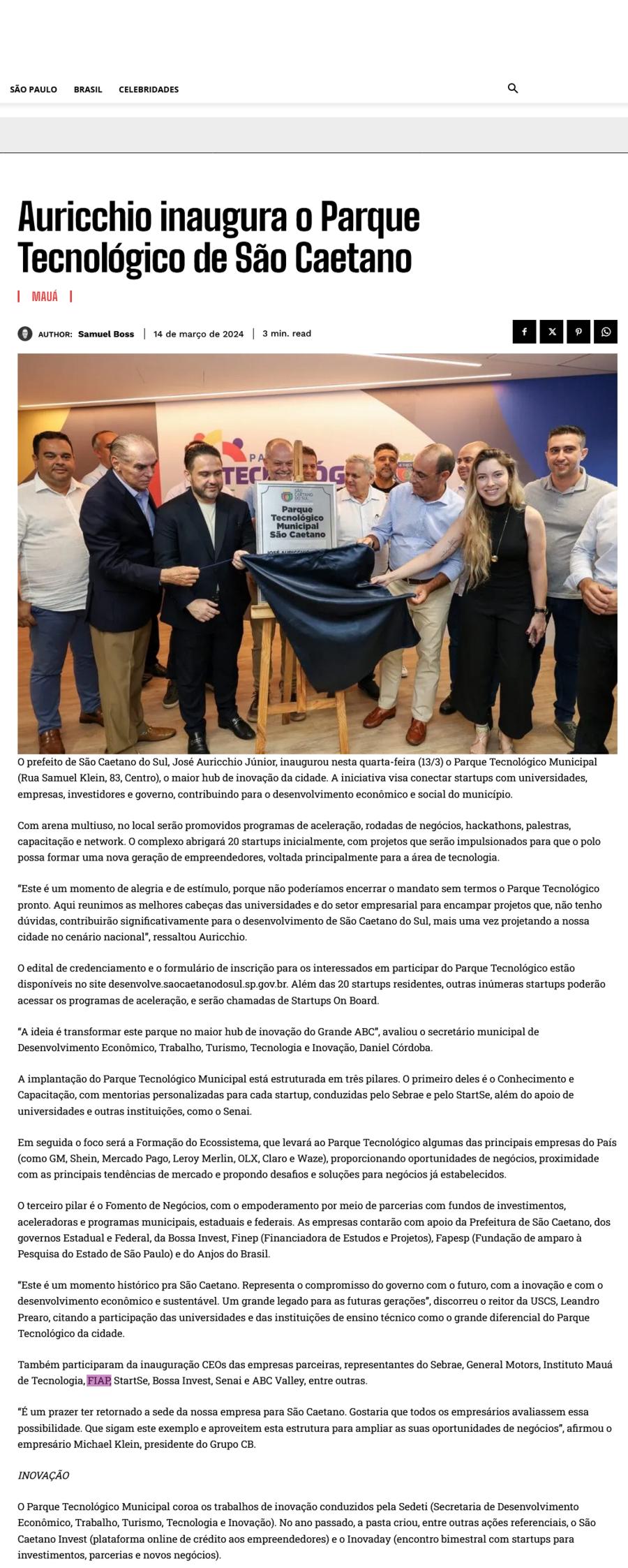 Bastidor Político – NOTÍCIAS (AURICCHIO INAUGURA O PARQUE TECNOLÓGICO DE SÃO CAETANO – FIAP) - FIAP