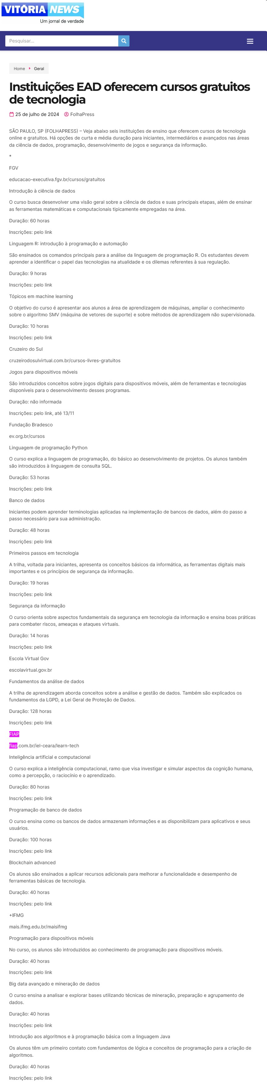 Vitória News – NOTÍCIAS (INSTITUIÇÕES EAD OFERECEM CURSOS GRATUITOS DE ...