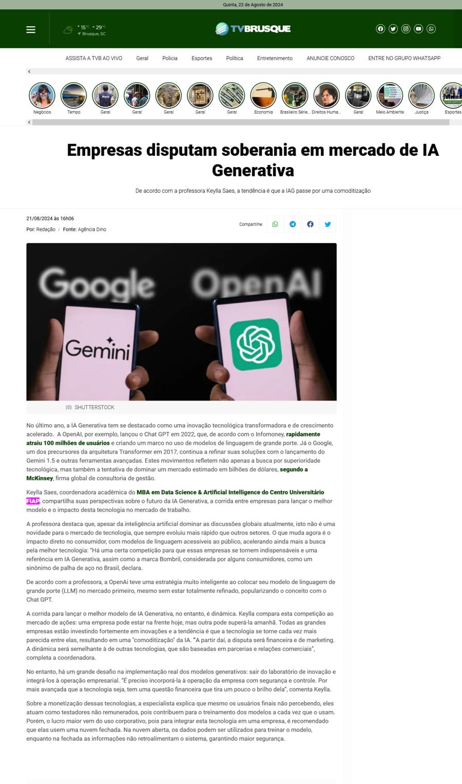 TV Brusque – NOTÍCIAS (EMPRESAS DISPUTAM SOBERANIA EM MERCADO DE IA ...