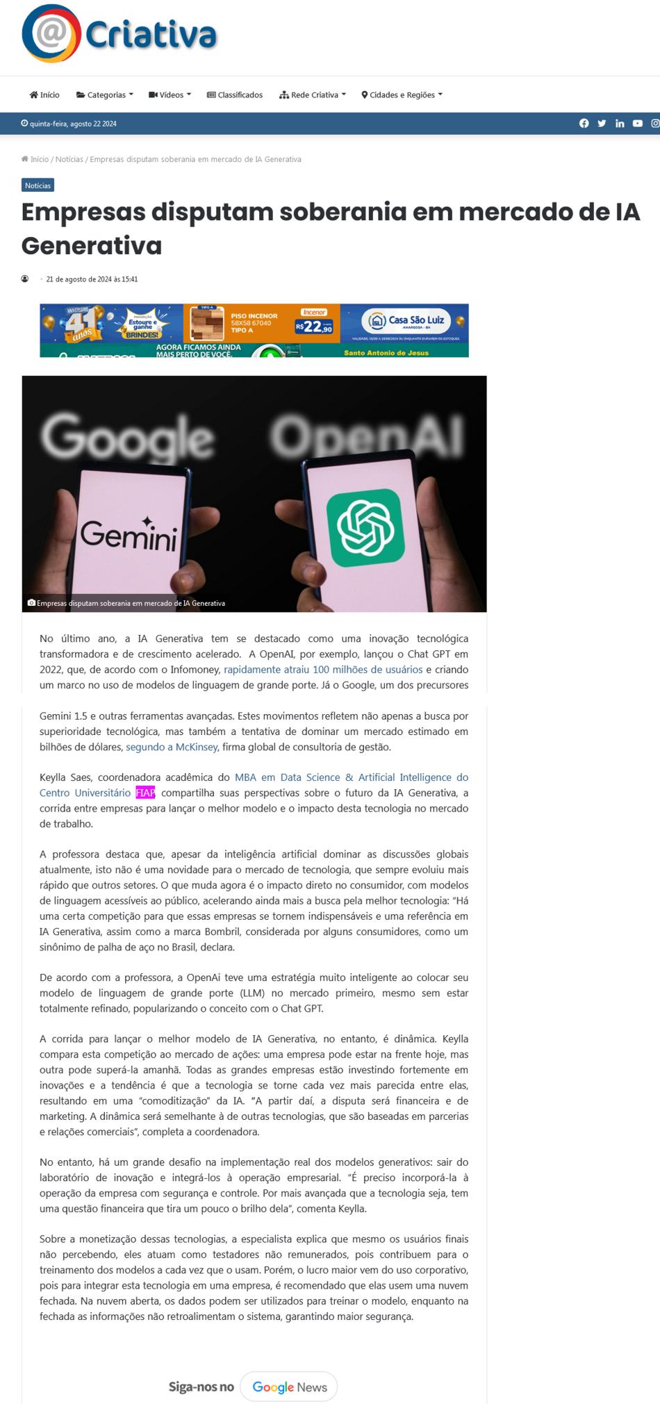 Criativa – NOTÍCIAS (EMPRESAS DISPUTAM SOBERANIA EM MERCADO DE IA ...