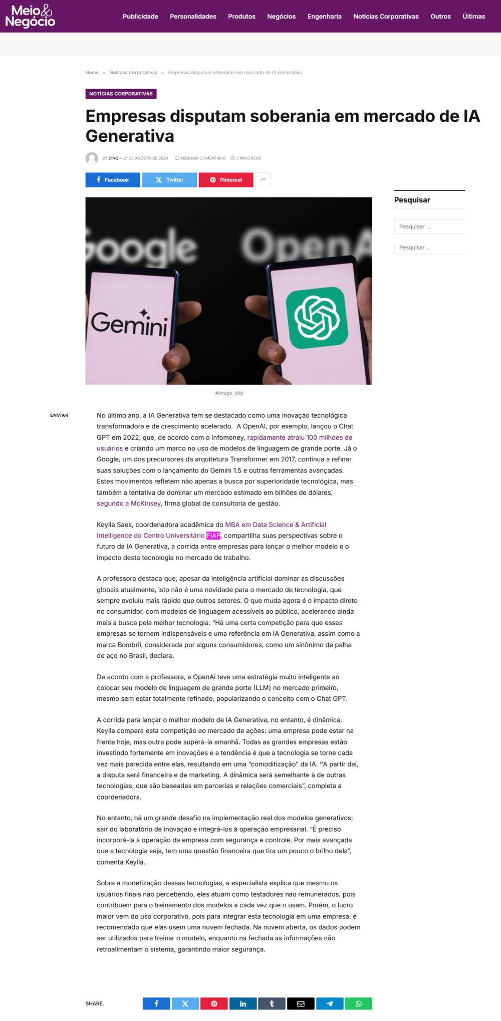 Meio & Negócio – NOTÍCIAS (EMPRESAS DISPUTAM SOBERANIA EM MERCADO DE IA ...