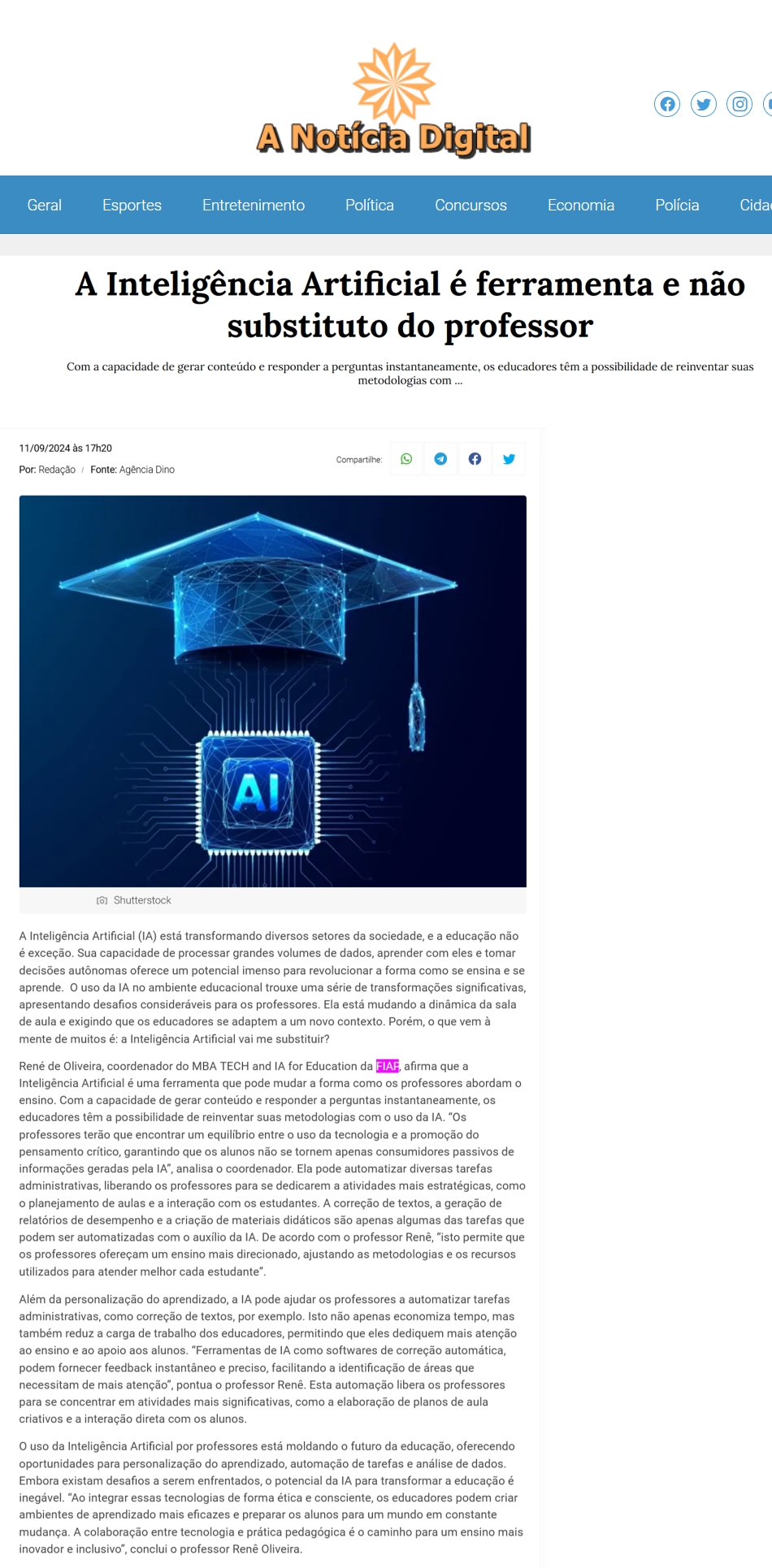 A Notícia Digital – NOTÍCIAS (A INTELIGÊNCIA ARTIFICIAL É FERRAMENTA E ...