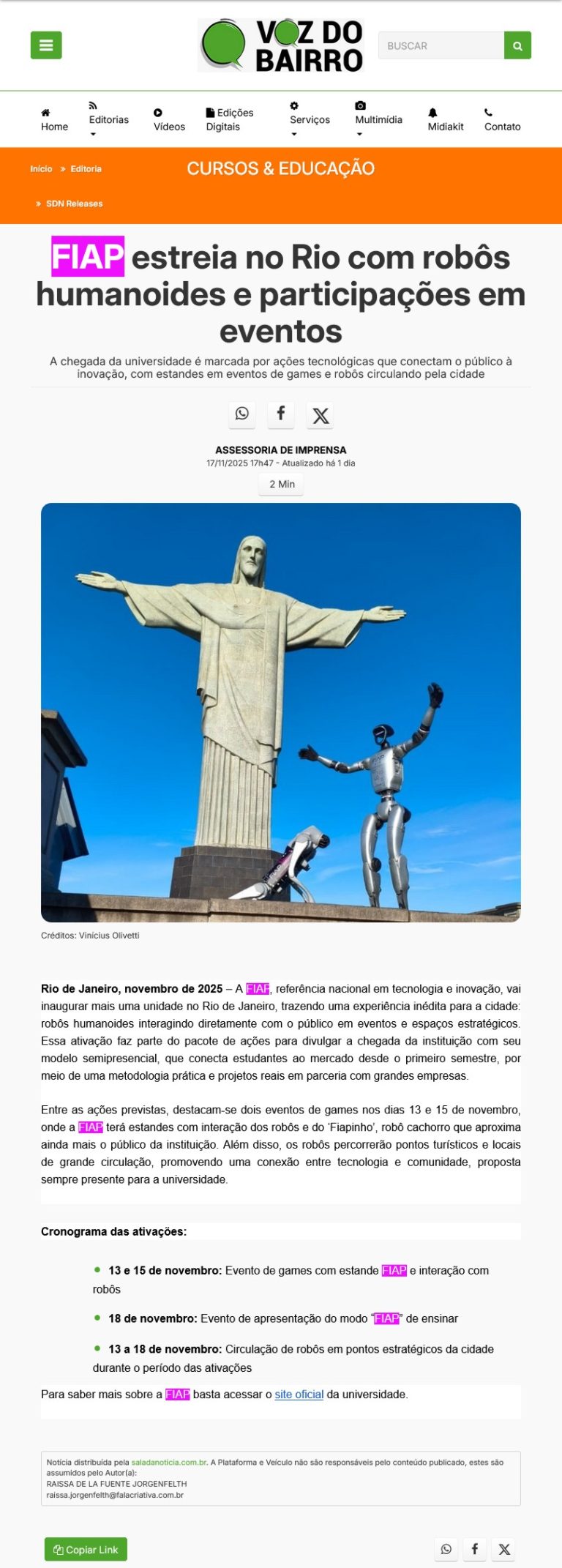 Voz do Bairro – NOTÍCIAS (FIAP ESTREIA NO RIO COM ROBOS HUMANOIDES E ...