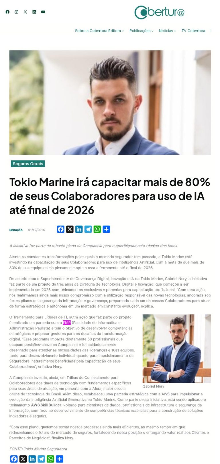Revista Cobertura – NOTÍCIAS (TOKIO MARINE IRA CAPACITAR MAIS DE 80% DE ...