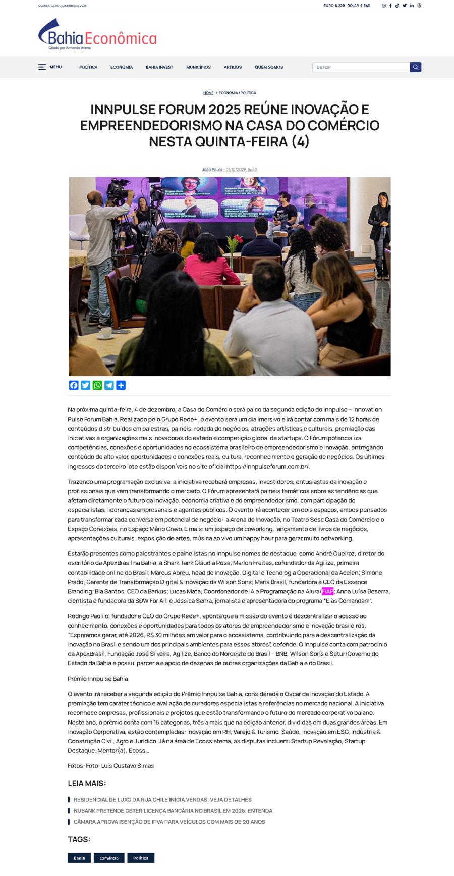 Bahia Econômica – NOTÍCIAS (INNPULSE FORUM 2025 REUNE INOVACAO E ...