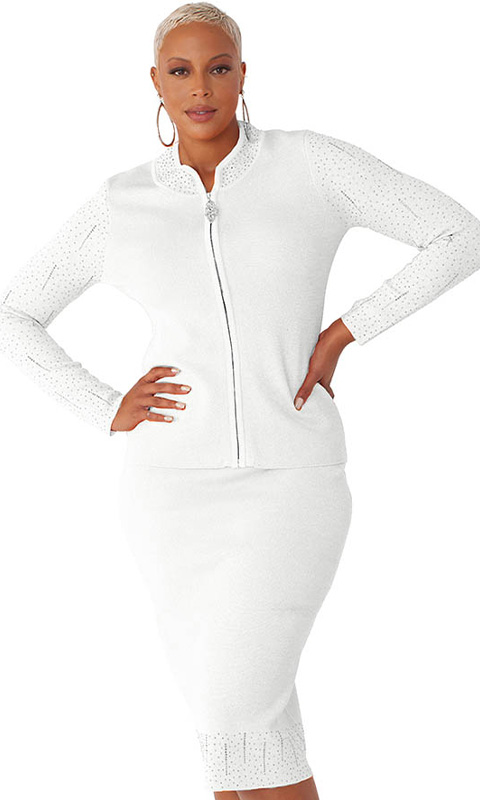 Kayla By Tally Taylor 5308-WHT ( 2pc Knit Skirt Suit With Rhinestone T