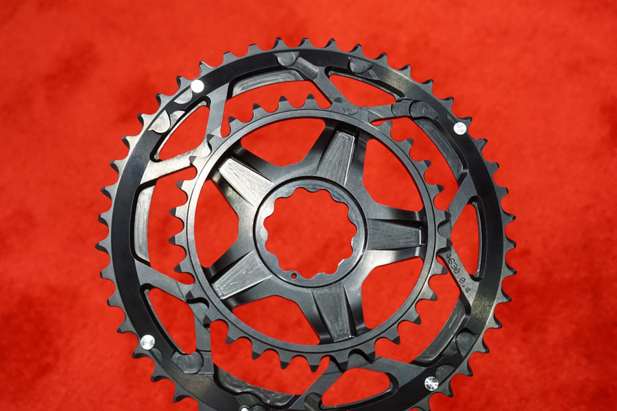 Closeup look at Rotor's one-piece 46/30 Spidering double chainring ...
