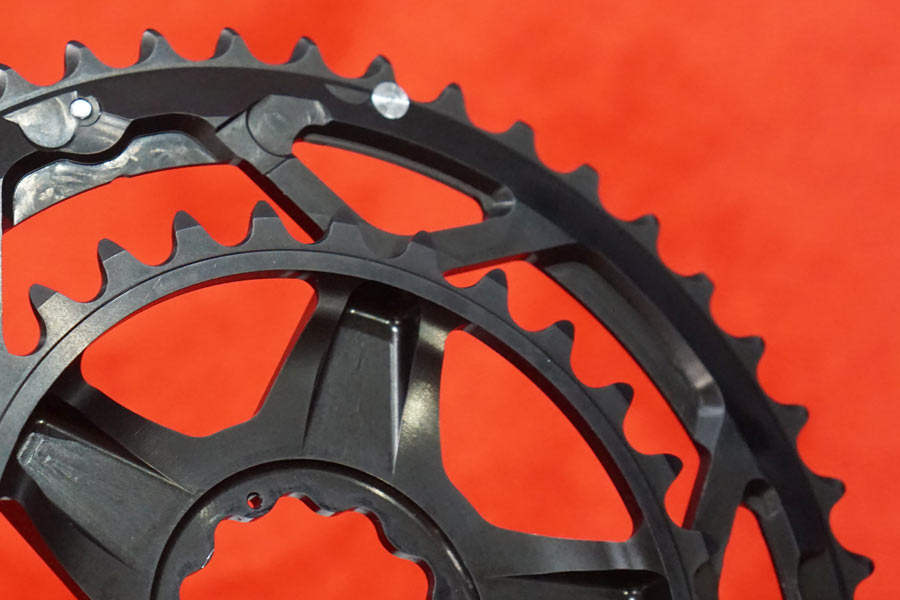 Closeup look at Rotor's one-piece 46/30 Spidering double chainring ...