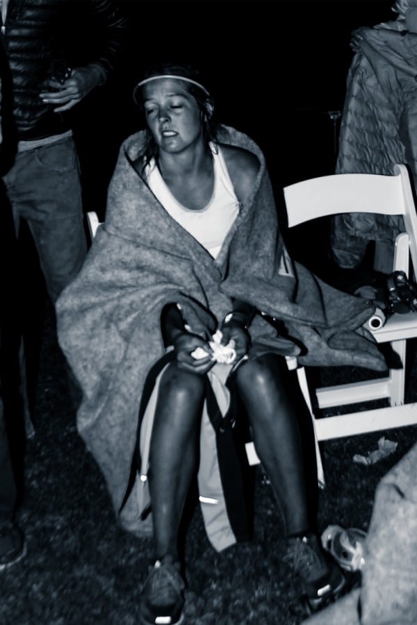 Jenn Shelton wrapped in a blanket after her 2012 Pine to Palm 100 ...