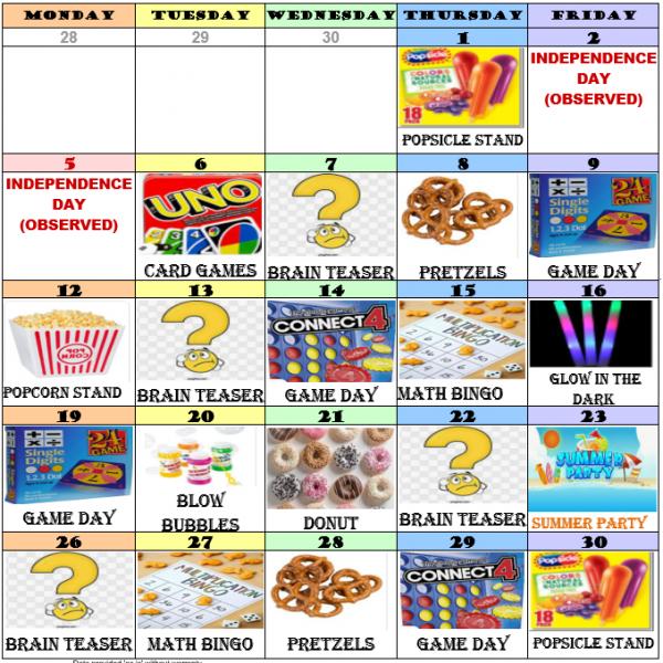 Summer Calendar -July/August 2021