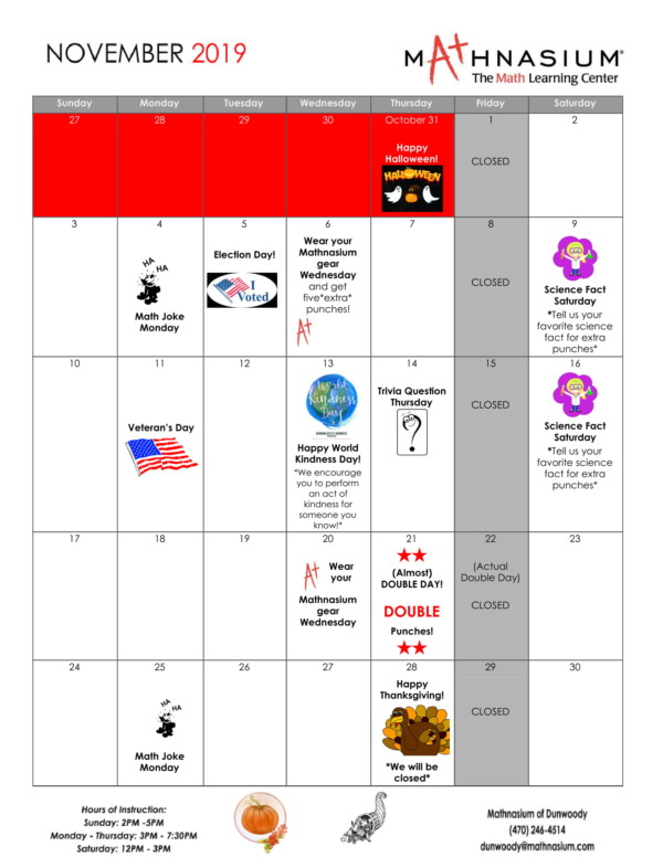 Check out our center activities calendar for November 2019! | Mathnasium