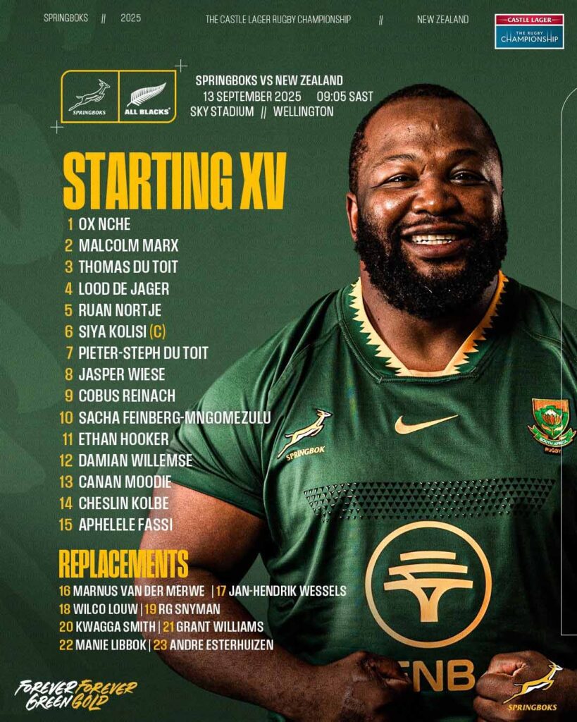 Sprignboks vs. All Blacks 13 September at Sky Stadium Wellington