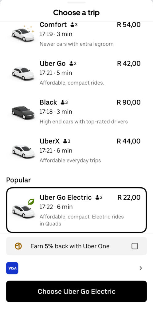 Uber launches electric cars in South Africa.