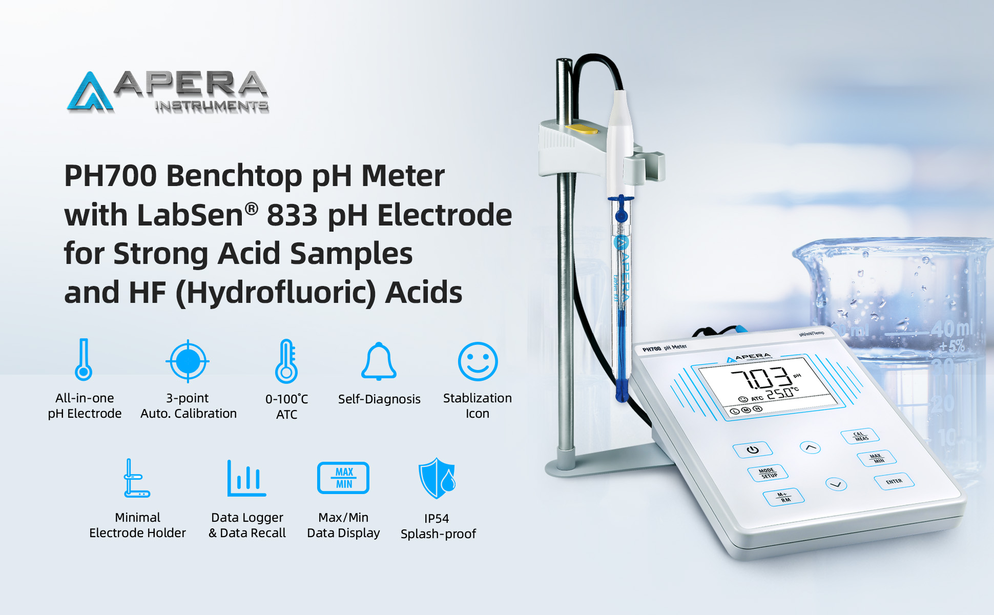 PH700-HF Benchtop Lab pH Meter for Strong Acidic Solutions (0 to 2 pH ...