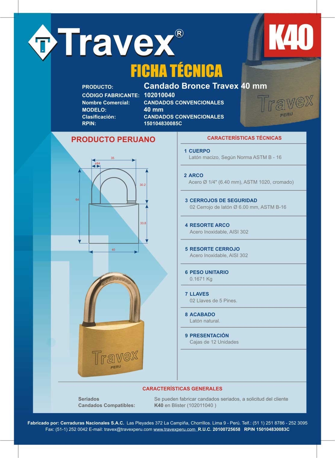 CANDADO BRONCE 40MM TRAVEX 40