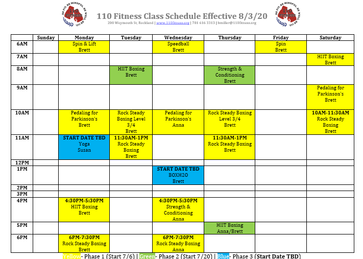 UPDATED 110 Fitness Reopening Schedule - 110 Fitness