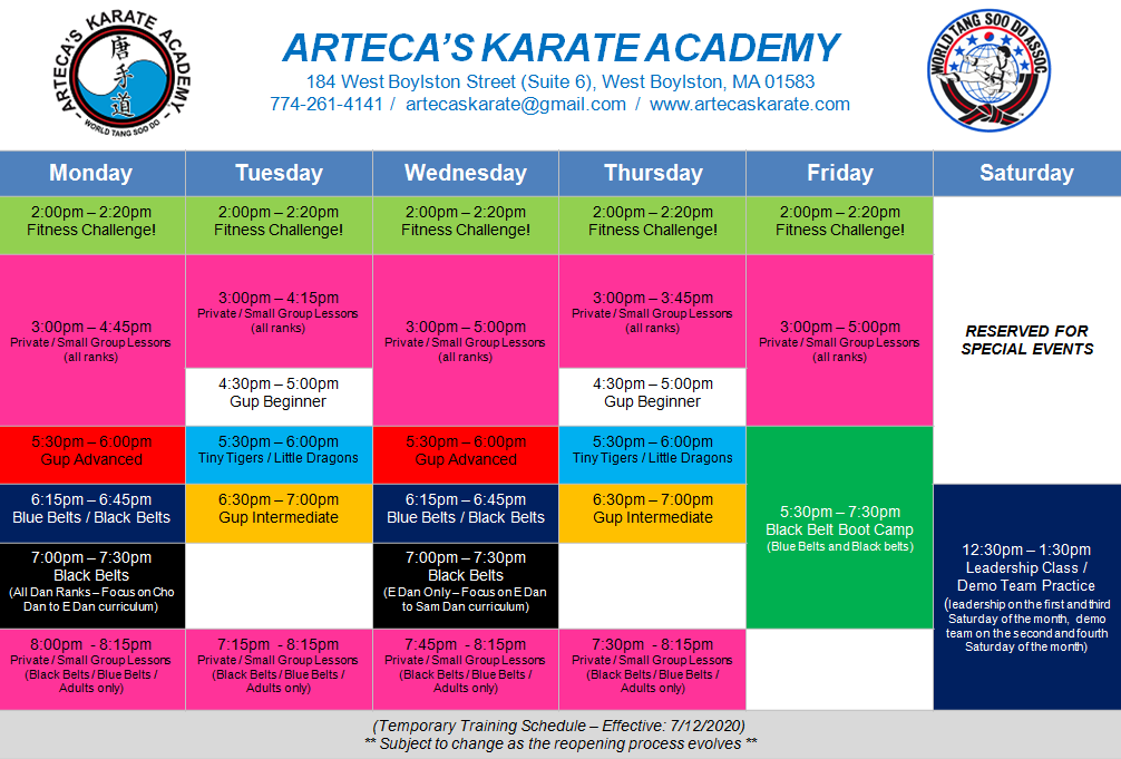 ArtecasKarateAcademy-TemporaryTrainingSchedule-Effective7-12-2020 ...