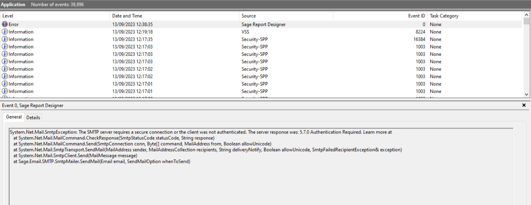 Event log errors when sending emails with Microsoft Outlook or SMTP